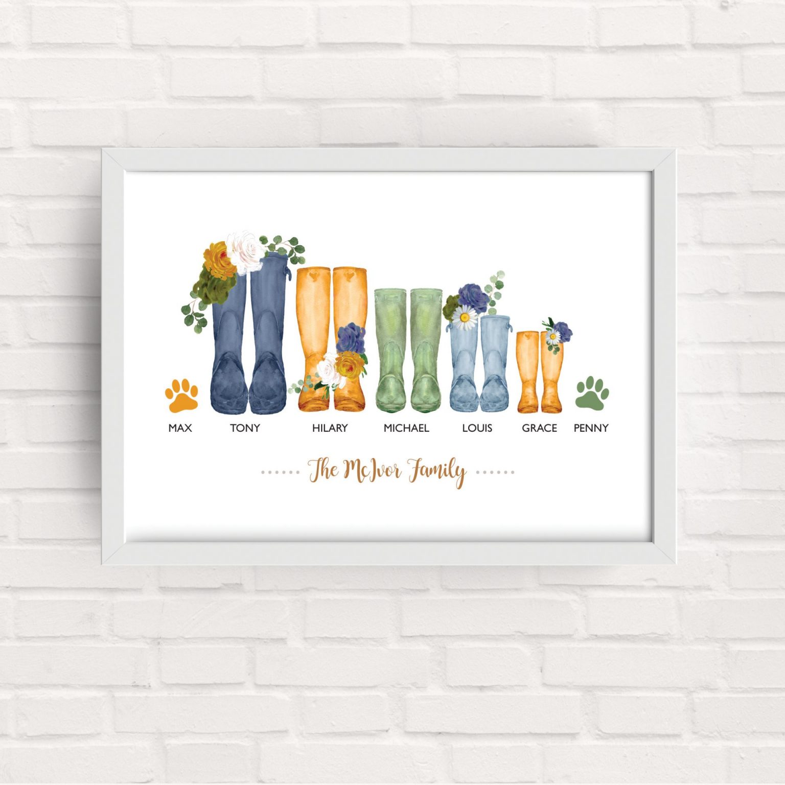 Family Wellies Framed Print (Mustard) - The Paper Lane